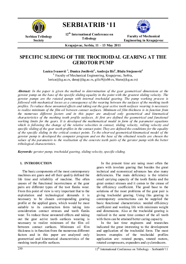 (PDF) SPECIFIC SLIDING OF THE TROCHOIDAL GEARING AT THE GEROTOR PUMP
