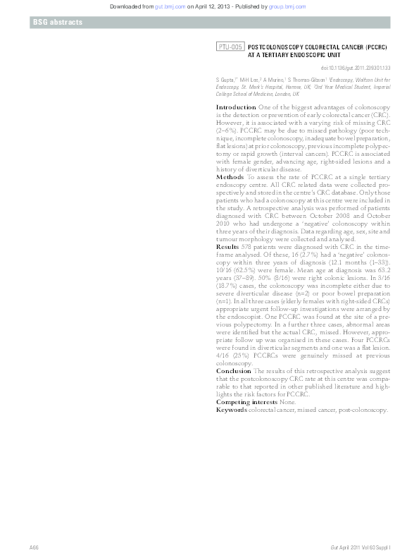 (PDF) Postcolonoscopy colorectal cancer (PCCRC) at a tertiary ...