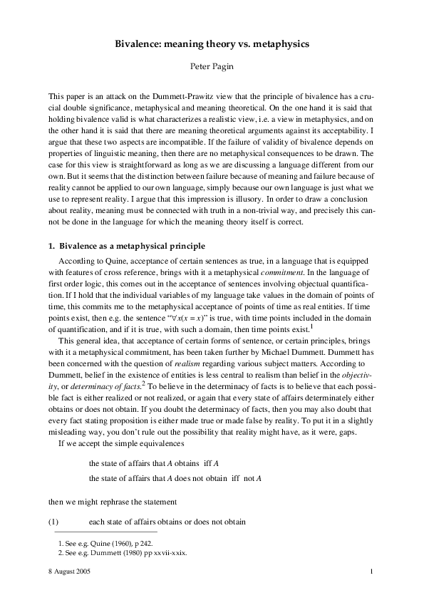 (PDF) Bivalence: meaning theory vs. metaphysics