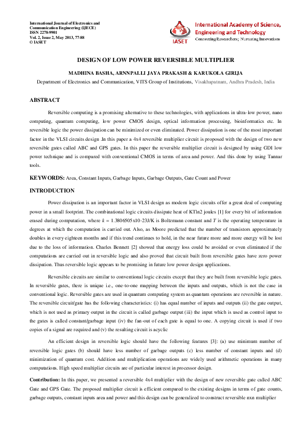 (PDF) Design of Low Power Reversible Multiplier