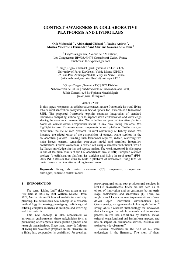 (PDF) CONTEXT AWARENESS IN COLLABORATIVE PLATFORMS AND LIVING LABS