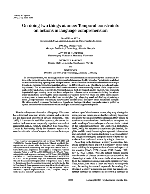 (PDF) On doing two things at once: Temporal constraints on actions in language comprehension