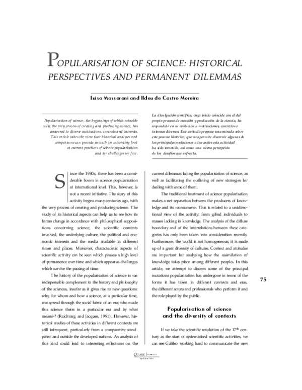 (PDF) Popularisation of science: historical perspectives and permanent ...