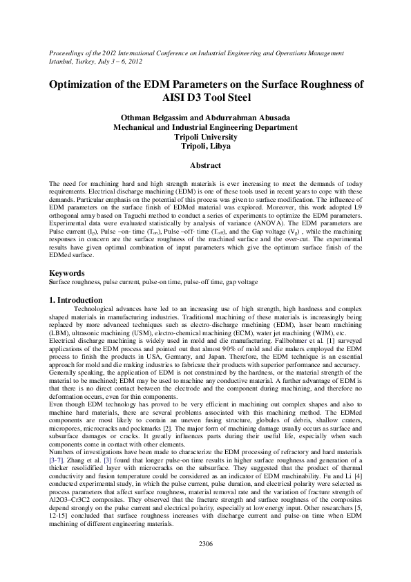 Pdf Optimization Of The Edm Parameters On The Surface Roughness Of Aisi D3 Tool Steel