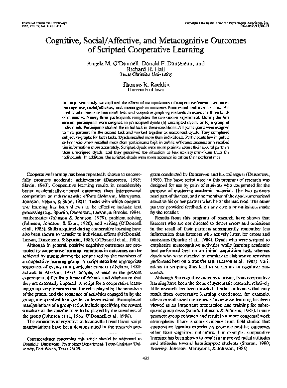 Pdf Cognitive Social Affective And Metacognitive Outcomes Of Scripted Cooperative Learning