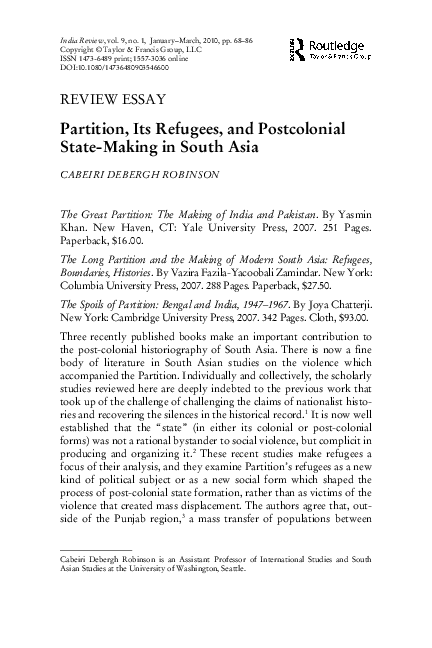 (PDF) Partition, Its Refugees, and Postcolonial State-Making in South Asia