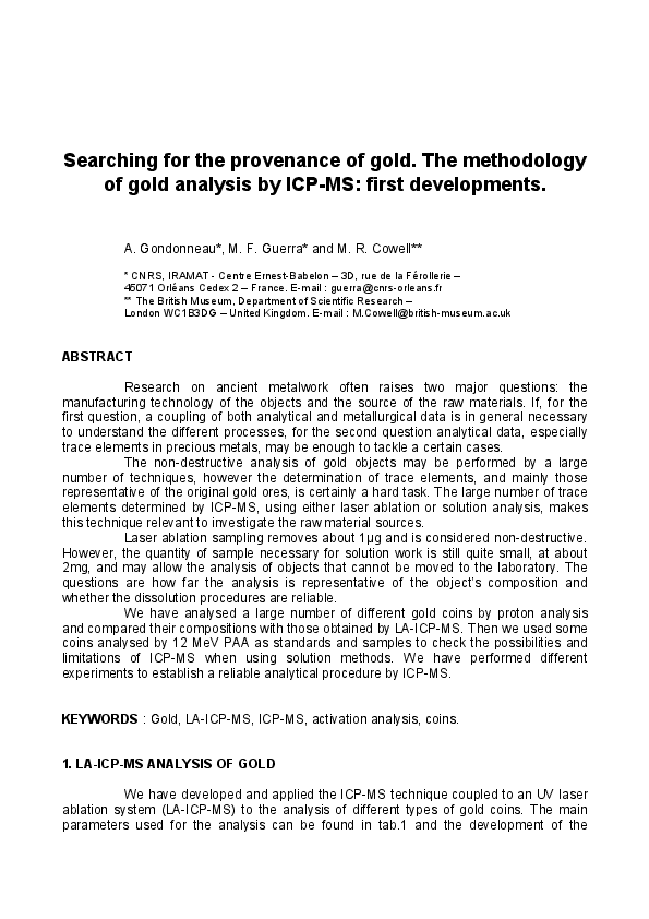 (PDF) Searching for the provenance of gold. The methodology of gold ...