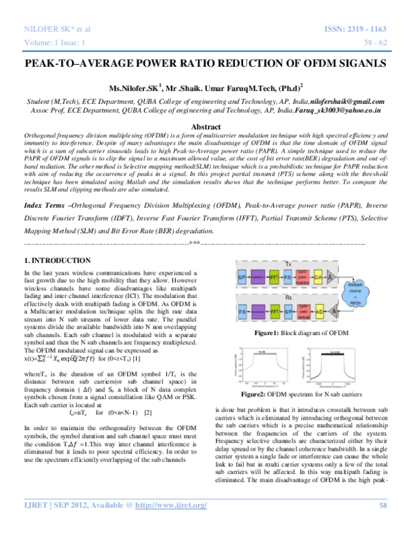 Peak To Average Power Ratio Reduction Of Ofdm Siganls