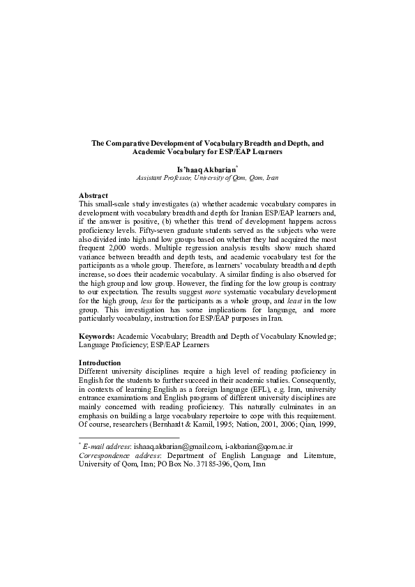 (PDF) The comparative development of vocabulary breadth and depth, and ...