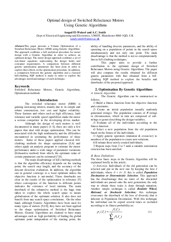 Pdf Optimal Design Of Switched Reluctance Motors Using Genetic Algorithms