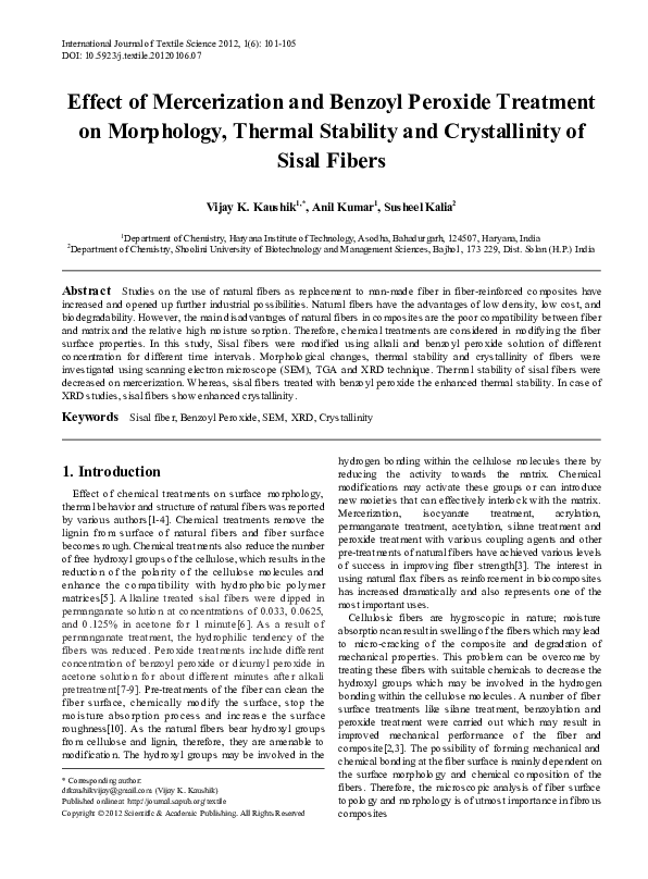 (PDF) Effect of Mercerization and Benzoyl Peroxide Treatment on ...