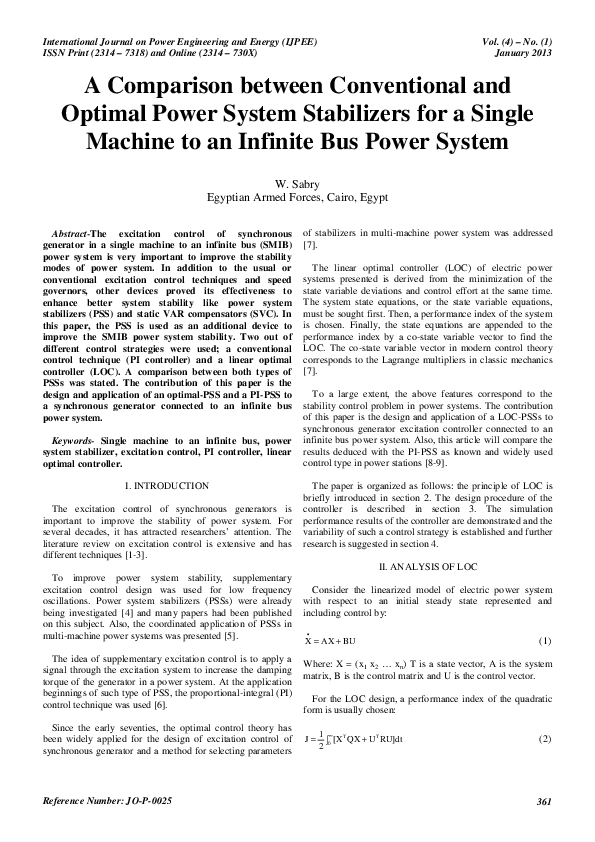 (PDF) A Comparison between Conventional and Optimal Power System Stabilizers for a Single ...
