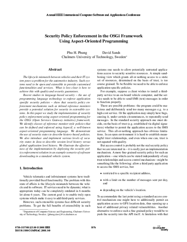 Pdf Security Policy Enforcement In The Osgi Framework Using Aspect Oriented Programming