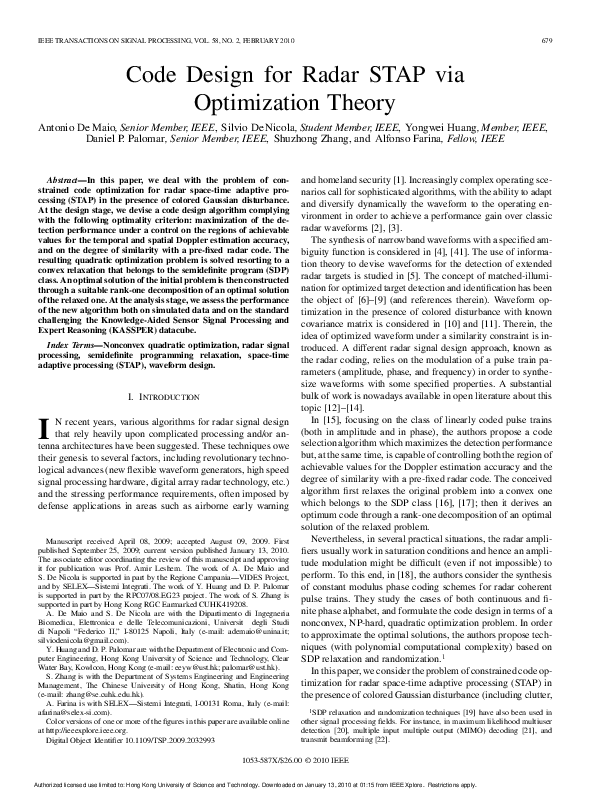 Pdf Design Of Optimized Codes For Radar Space Time Adaptive Processing