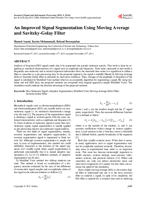 (PDF) An improved signal segmentation using moving average and Savitzky-Golay filter