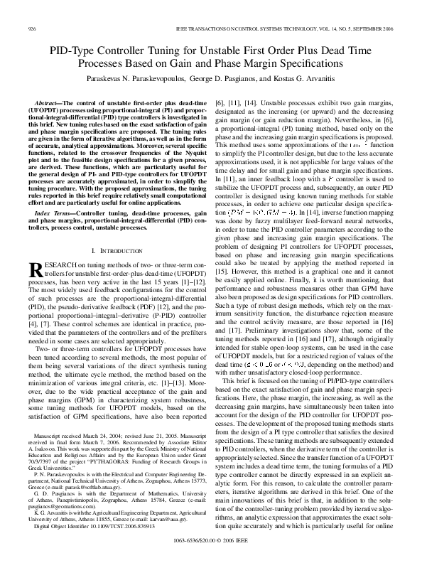 (PDF) PID-type controller tuning for unstable first order plus dead time processes based on gain ...