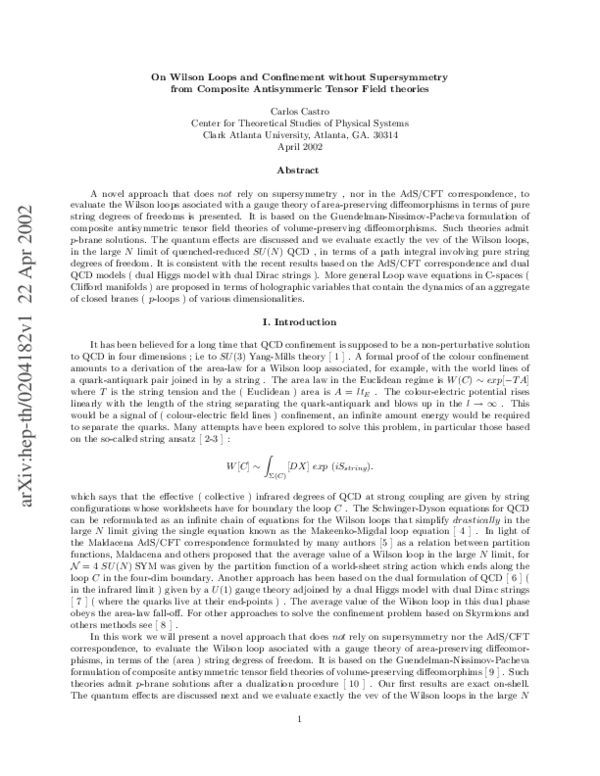 (PDF) On Wilson Loops, large N limit, Confinement and Composite ...