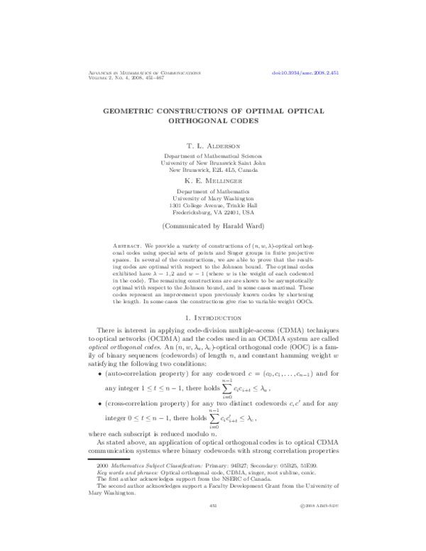 (PDF) Geometric constructions of optimal optical orthogonal codes