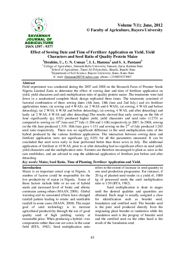 Pdf Effect Of Sowing Date And Time Of Fertilizer Application On Yield