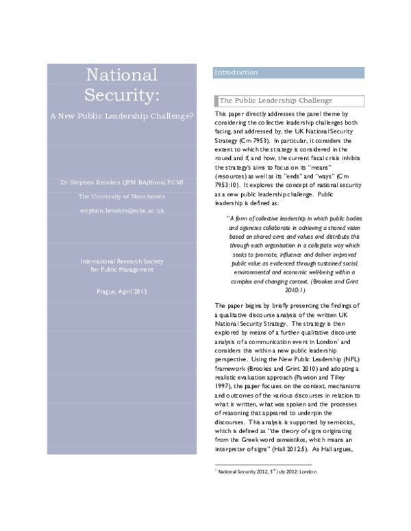 (PDF) National Security: A New Public Leadership Challenge?