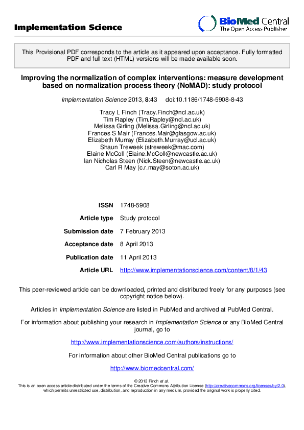 (PDF) Improving the normalization of complex interventions: measure development