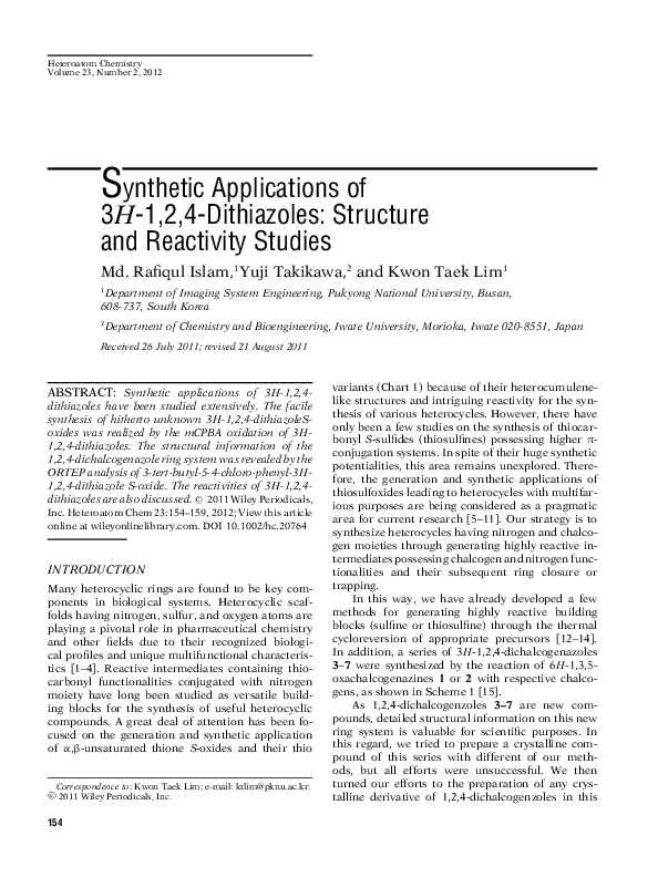 (PDF) Synthetic Applications of 3H-1,2,4-Dithiazoles: Structure and ...