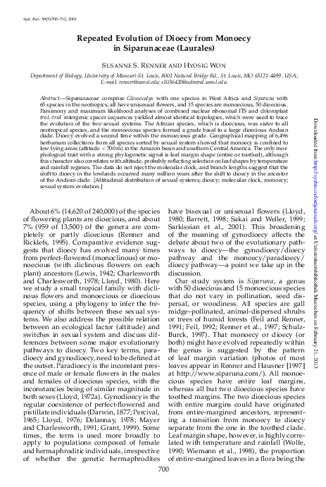 (PDF) Repeated Evolution of Dioecy from Monoecy in Siparunaceae (Laurales)