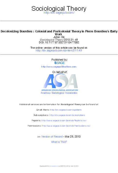 (PDF) Decolonizing Bourdieu: Colonial and Postcolonial Theory in Pierre Bourdieu's Early Work