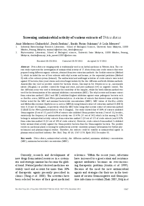 (PDF) Screening antimicrobial activity of various extracts of Urtica dioica