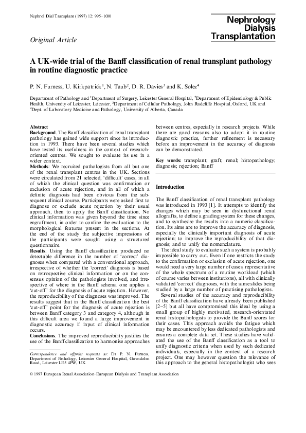 (PDF) A UK-wide trial of the Banff classification of renal transplant ...
