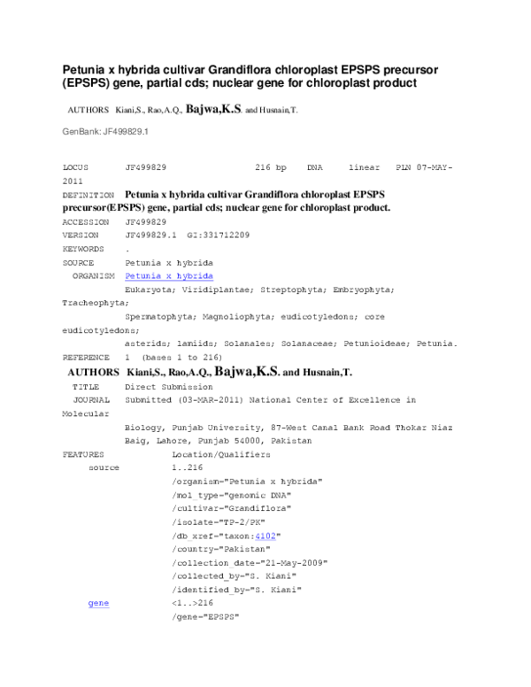 (DOC) Petunia x hybrida cultivar Grandiflora chloroplast EPSPS ...