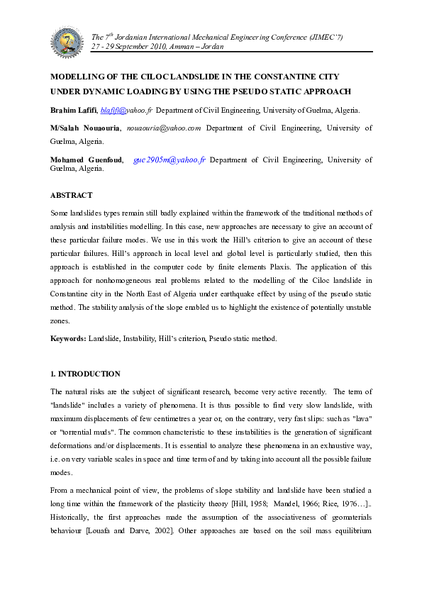 (PDF) MODELLING OF THE CILOC LANDSLIDE IN THE CONSTANTINE CITY UNDER ...