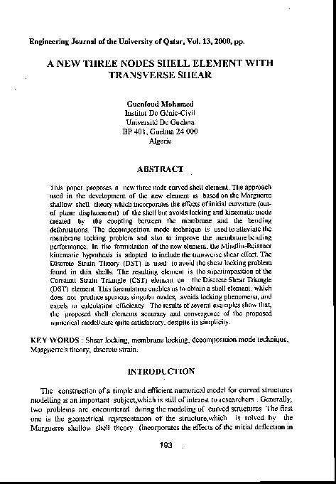 (PDF) A New Three Nodes Shell Element With Transverse Shear