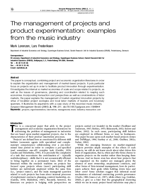 (PDF) The Management of Projects and Product Experimentation: Examples ...