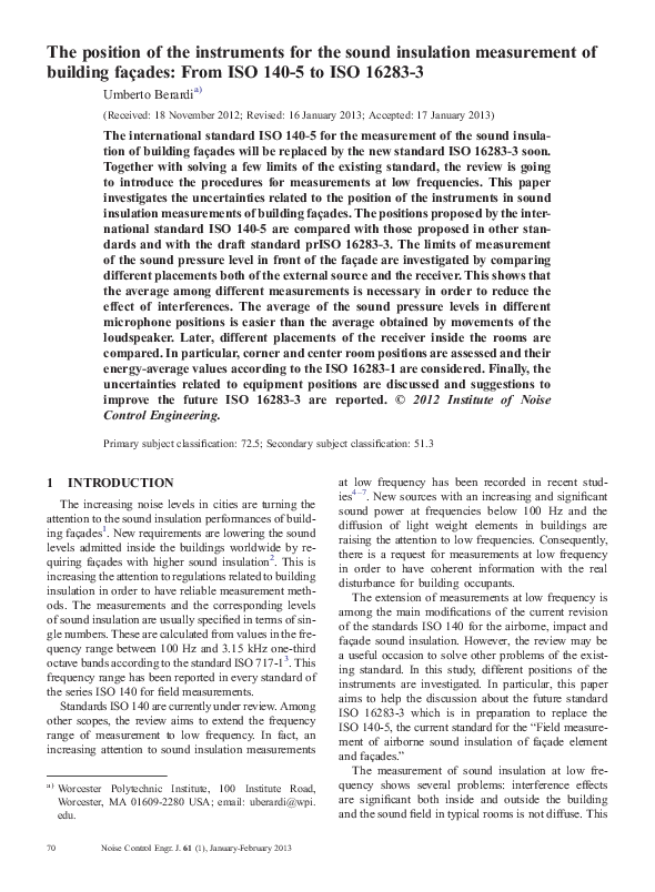 (PDF) The Position of the Instruments for the Sound Insulation ...