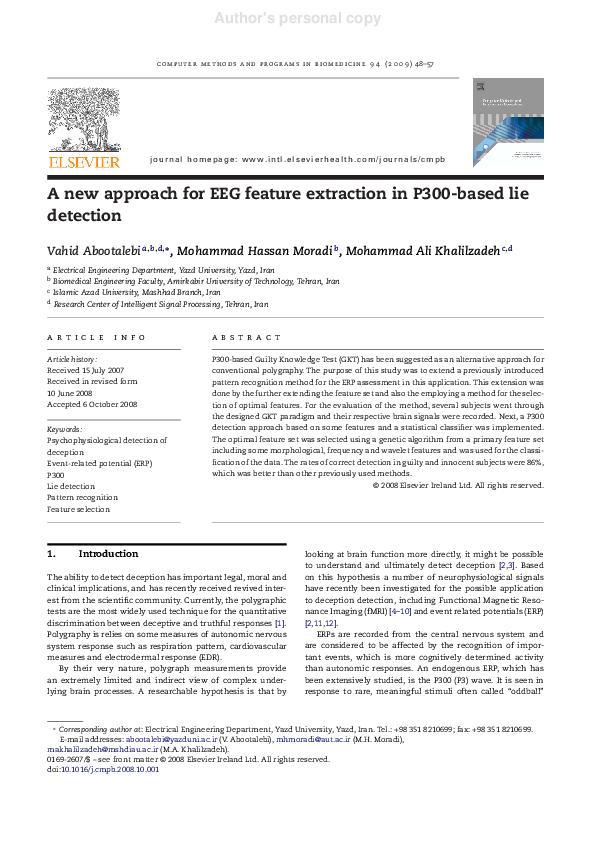 Pdf A New Approach For Eeg Feature Extraction In P300 Based Lie Detection