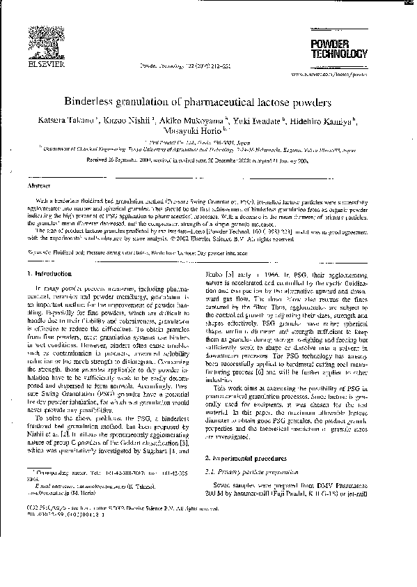(PDF) Binderless granulation of pharmaceutical lactose powders, Takano ...