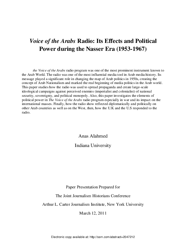 (PDF) Voice of the Arabs Radio: Its Effects and Political Power During ...