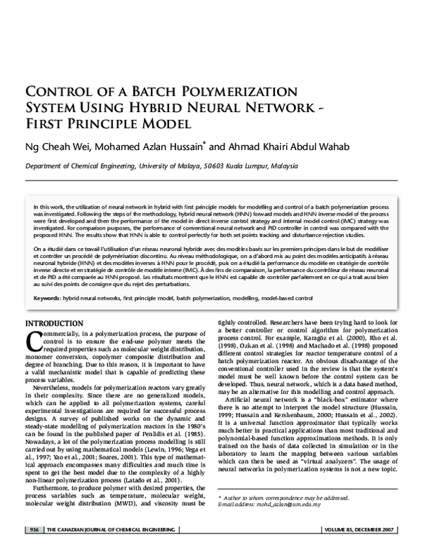 (PDF) Ng Cheah Wei, Mohamed Azlan Hussain, Ahmad Khairi Abdul Wahab, (2007), "Control of a batch ...