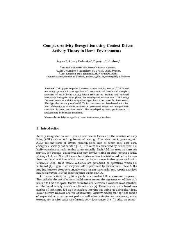 (PDF) Complex activity recognition using context driven activity theory in home environments