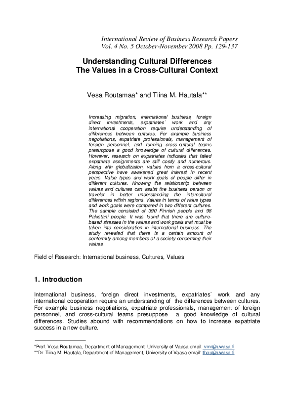 (PDF) Understanding Cultural Differences The Values in a Cross-Cultural ...