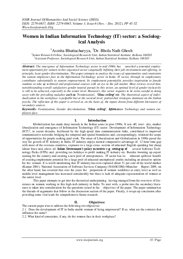 (PDF) Women in Indian Information Technology (IT) sector: a Sociolog ...