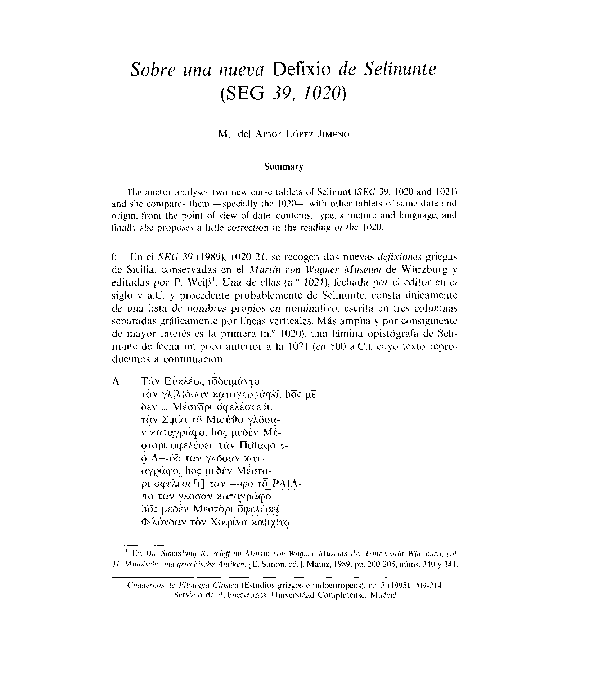 (PDF) Sobre una nueva Defixio de Selinunte (SEG39, 1020)