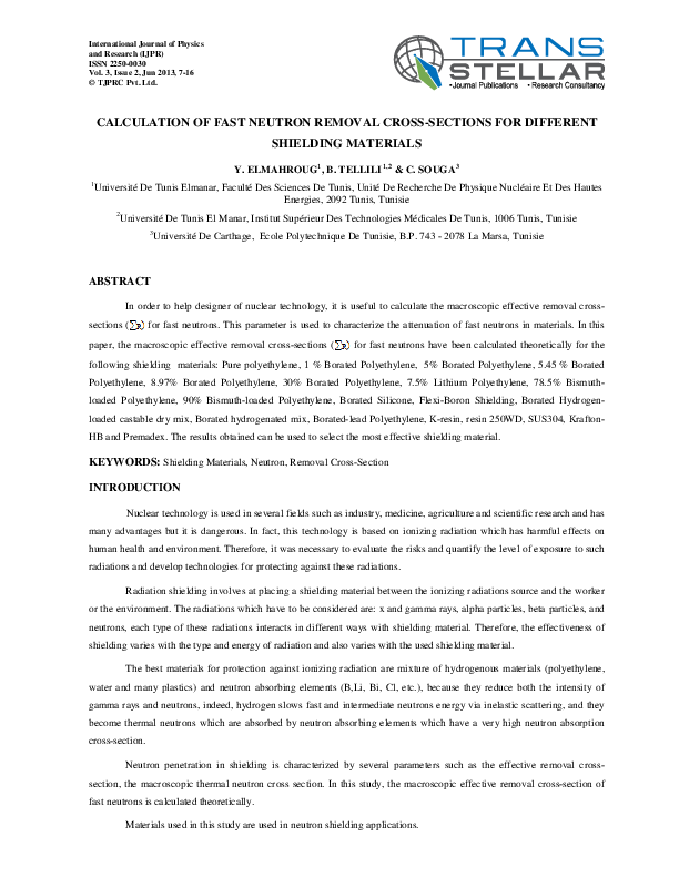 Pdf Calculation Of Fast Neutron Removal Cross Sections For Different Shielding Materials