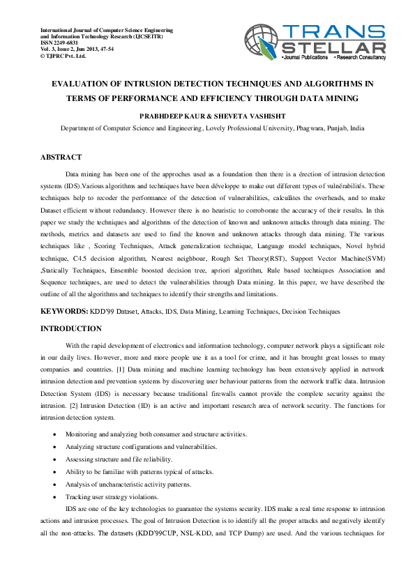 Pdf Evaluation Of Intrusion Detection Techniques And Algorithms In Terms Of Performance And