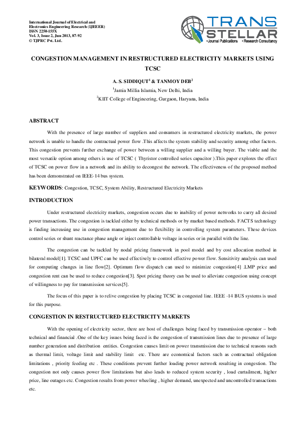 Pdf Congestion Management In Restructured Electricity Markets Using Tcsc