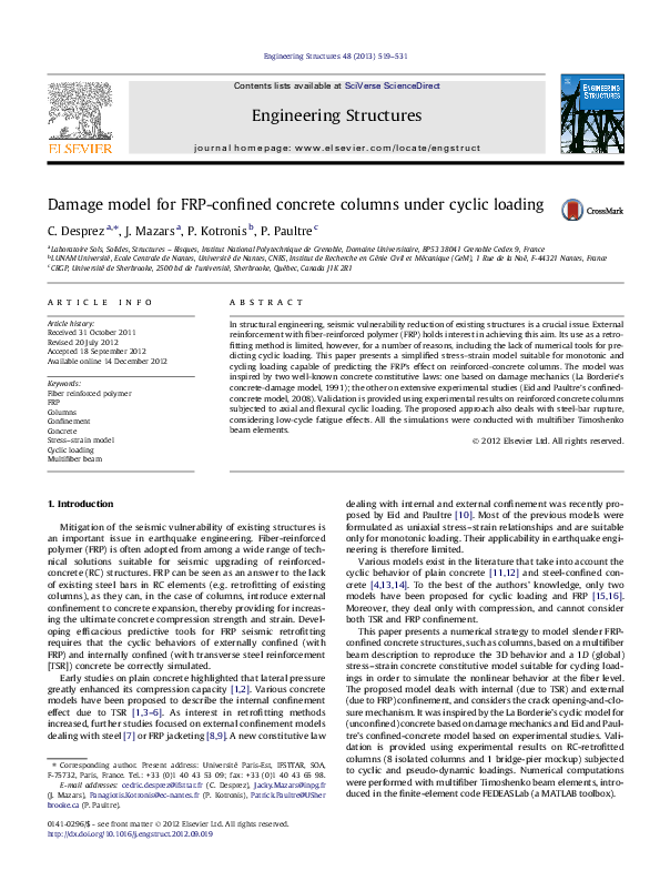 (PDF) Damage model for FRP-conﬁned concrete columns under cyclic loading