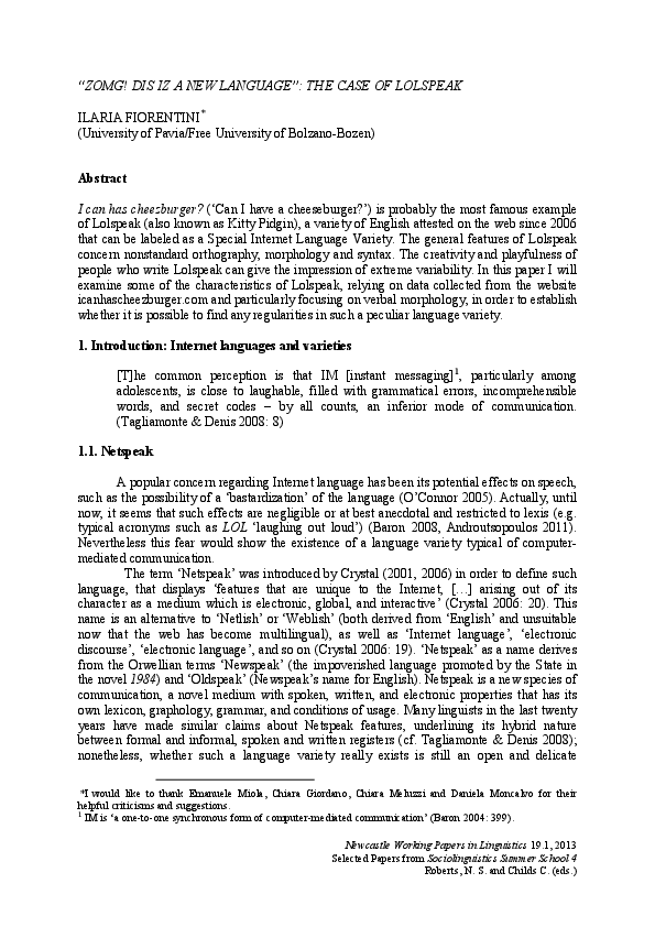 (PDF) "ZOMG! Dis iz a new language": The case of Lolspeak