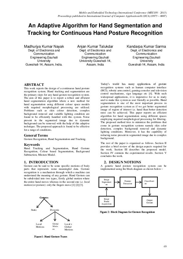 Pdf An Adaptive Algorithm For Hand Segmentation And Tracking For Continuous Hand Posture