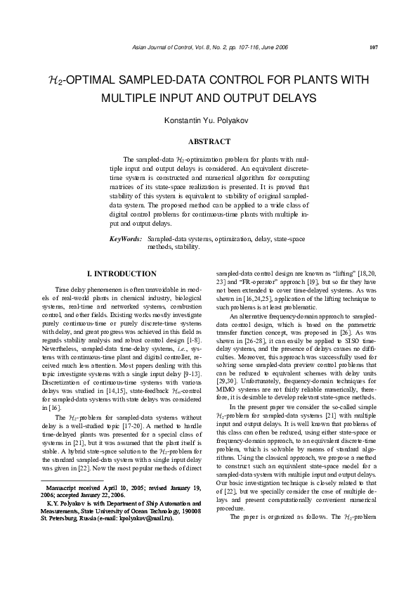 Pdf H2optimal Sampled Data Control For Plants With Multiple Input And Output Delays